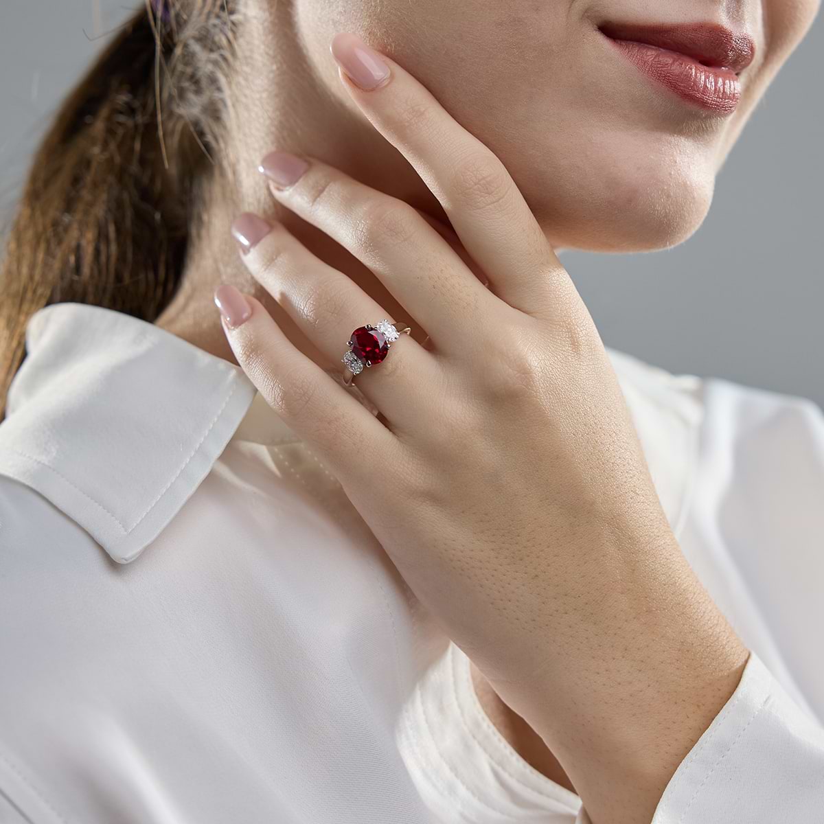 10x8 mm Oval Cut Created Ruby and 7/8 ctw Lab Grown Diamond Three-Stone ...