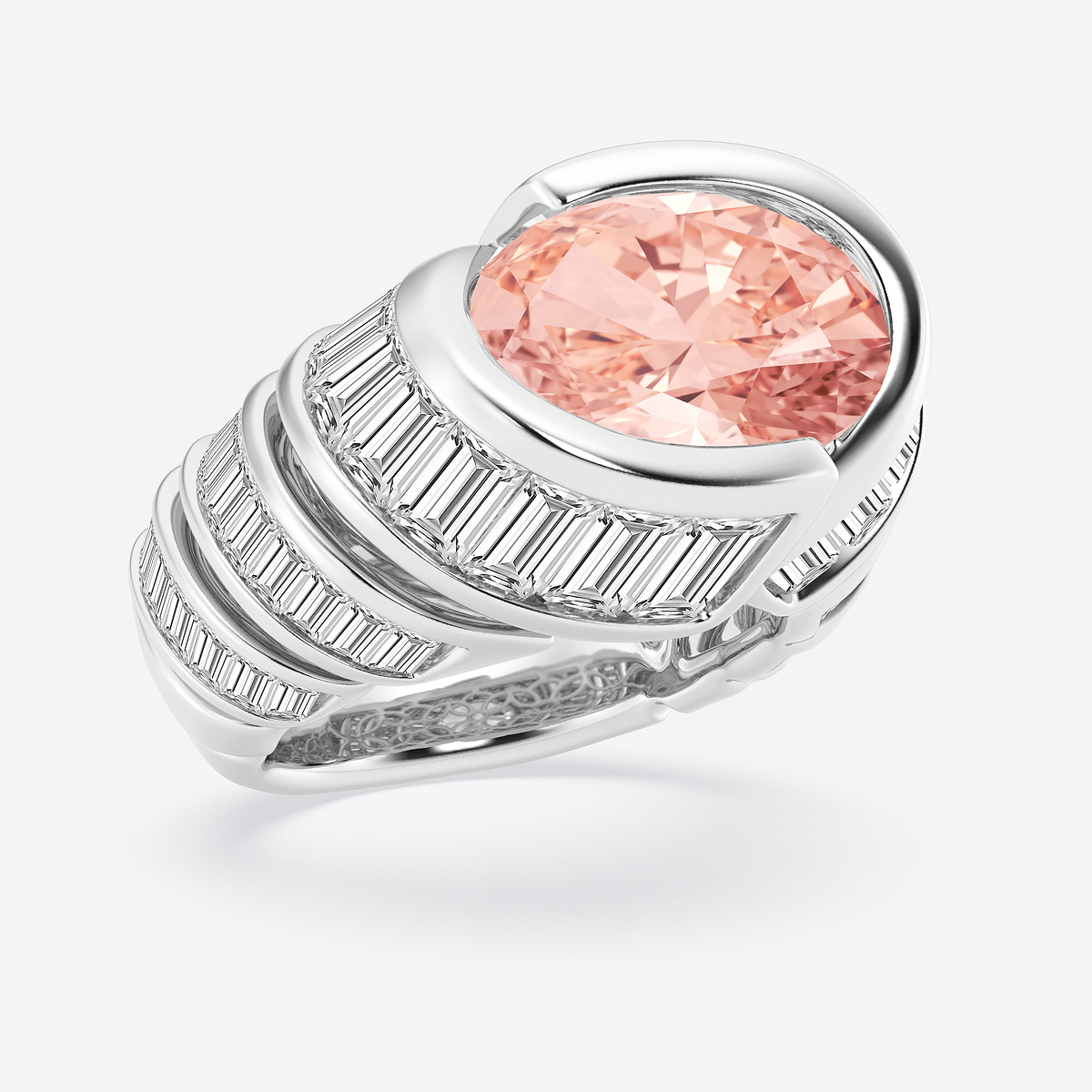 Rodeo - 11 1/3 ctw Fancy Pink Oval Wrapped In Baguette Ring ...