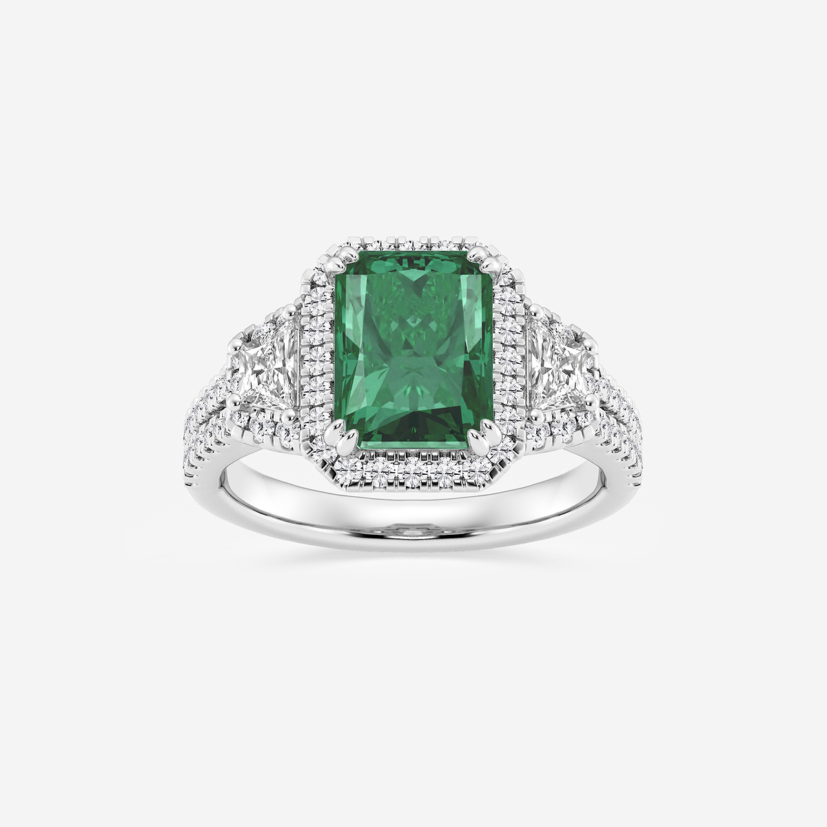 9X7 mm Radiant Cut Created Emerald and 3/4 ctw Round and Trapezoid Lab ...