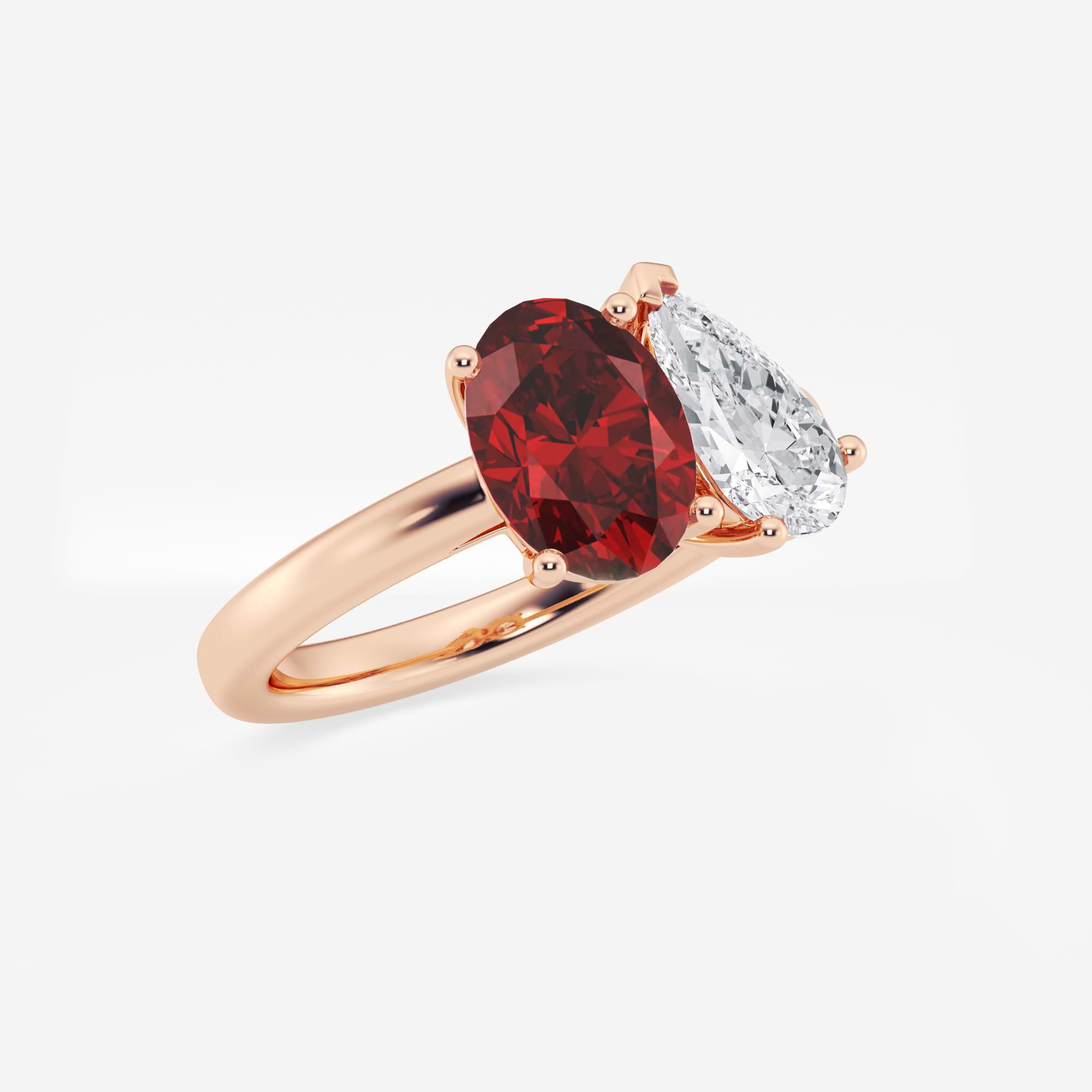 Sloane 9x7mm Oval Cut Created Ruby and 1 1/2 ctw Pear Cut Lab Grown Diamond Two Stone Engagement ...