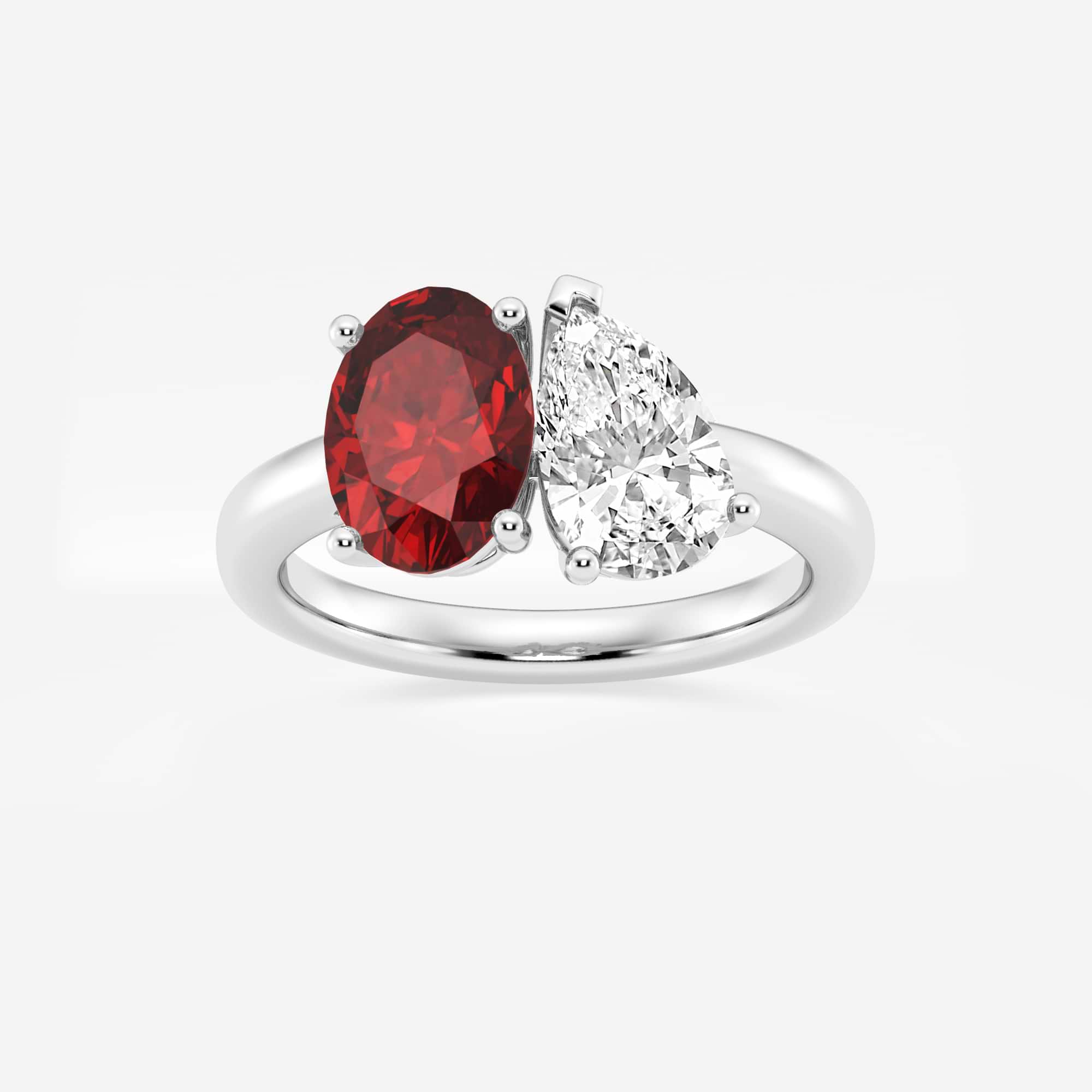 Sloane 9x7mm Oval Cut Created Ruby and 1 1/2 ctw Pear Cut Lab Grown Diamond Two Stone Engagement ...