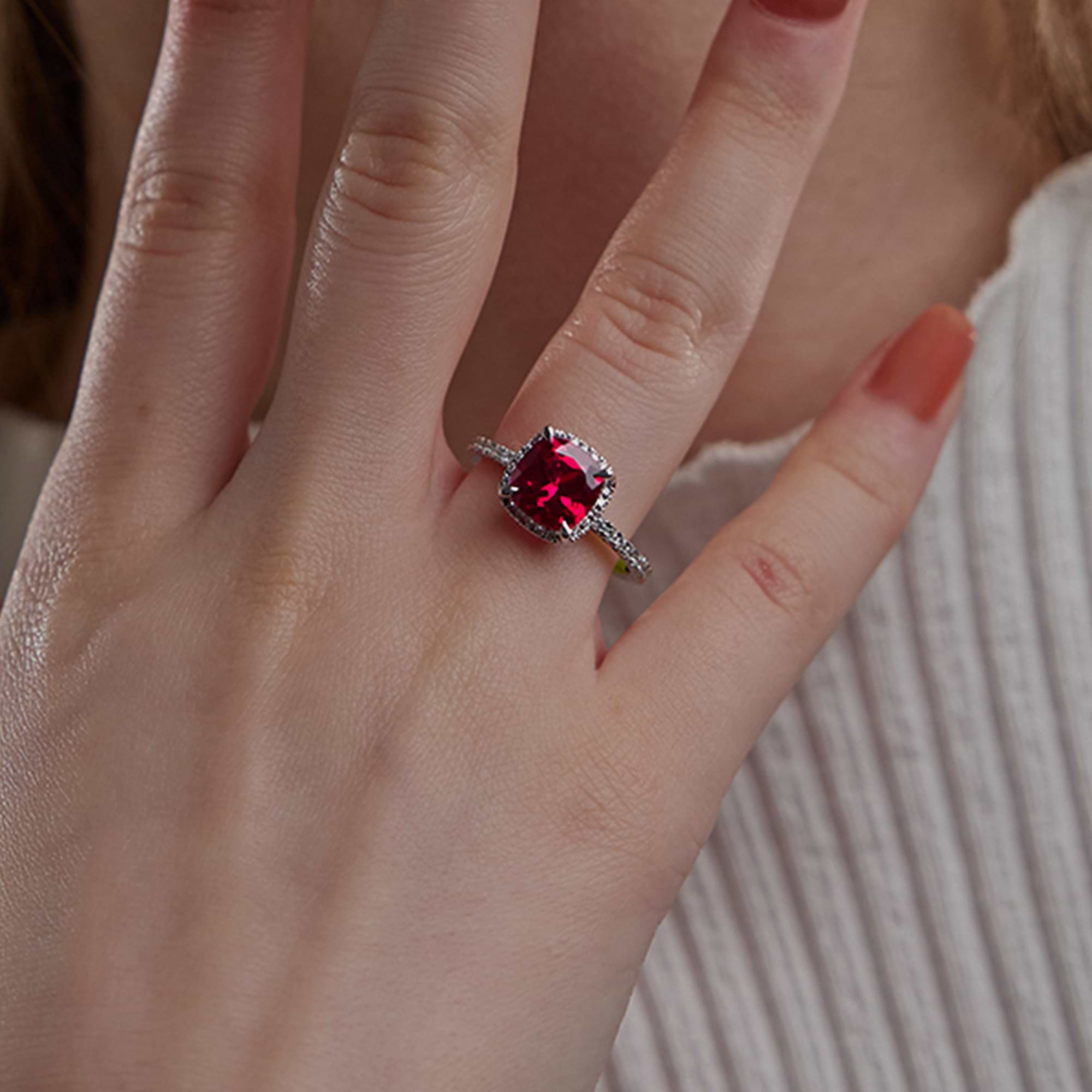 Daffodil 8 mm Cushion Cut Created Ruby and 2/5 ctw Lab Grown Diamond Halo Engagement Ring 14K ...